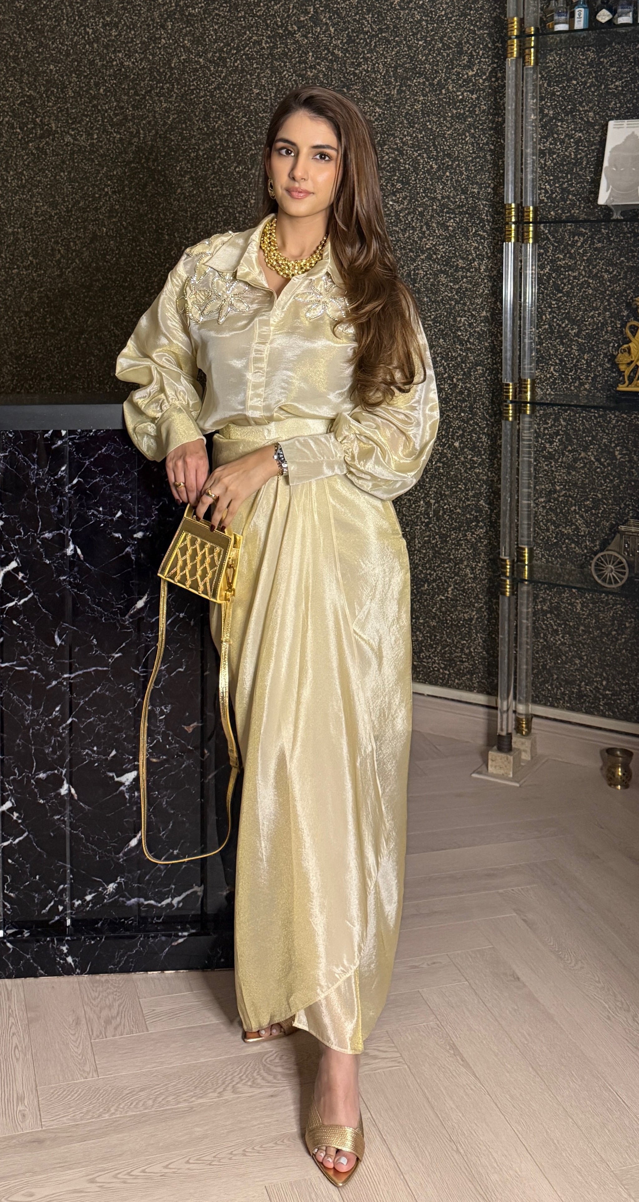 Weaving Cult Gold Tissue Embellished Shirt With Drape Skirt